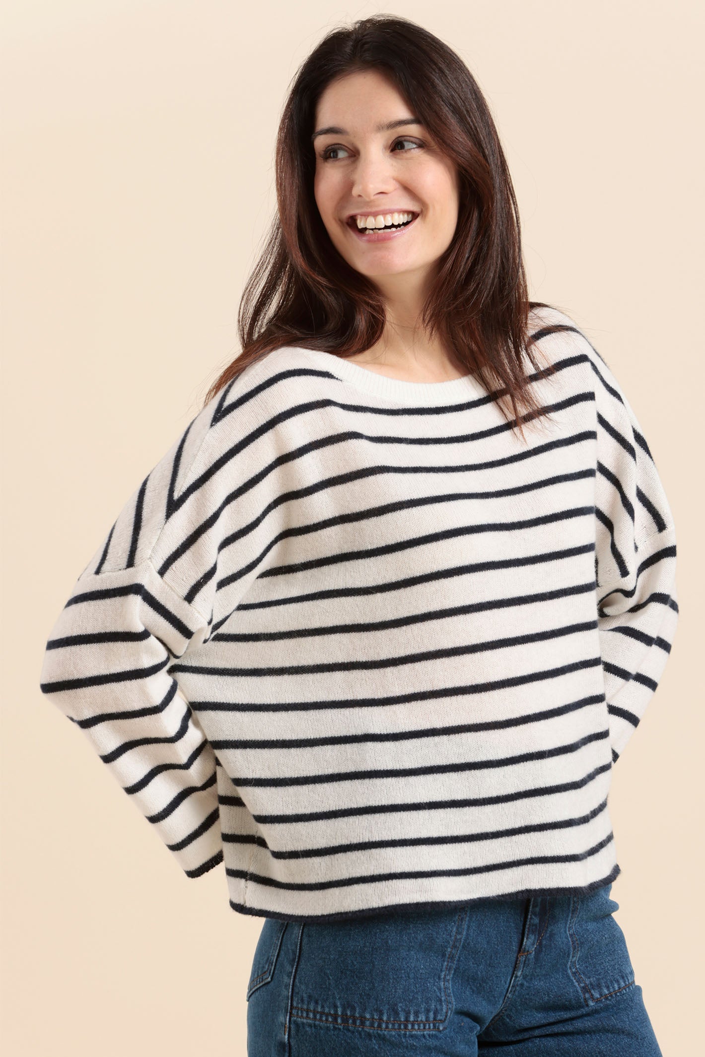 Mat De Misaine Jumper Striped Boat Neck Raye Cream Navy Taki 500R 1521 ...