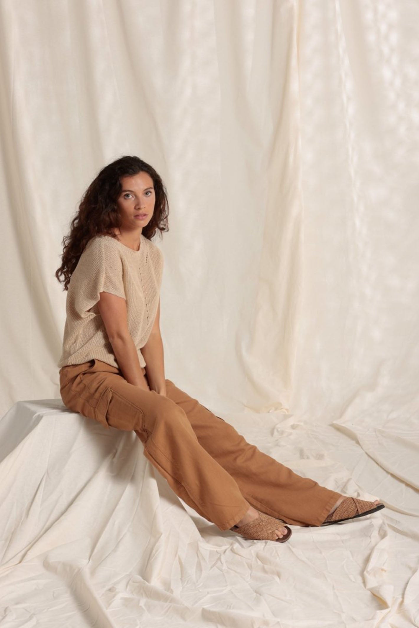 Mat De Misaine Touques-524 U671 String Beige Short Sleeve Linen Jumper ...