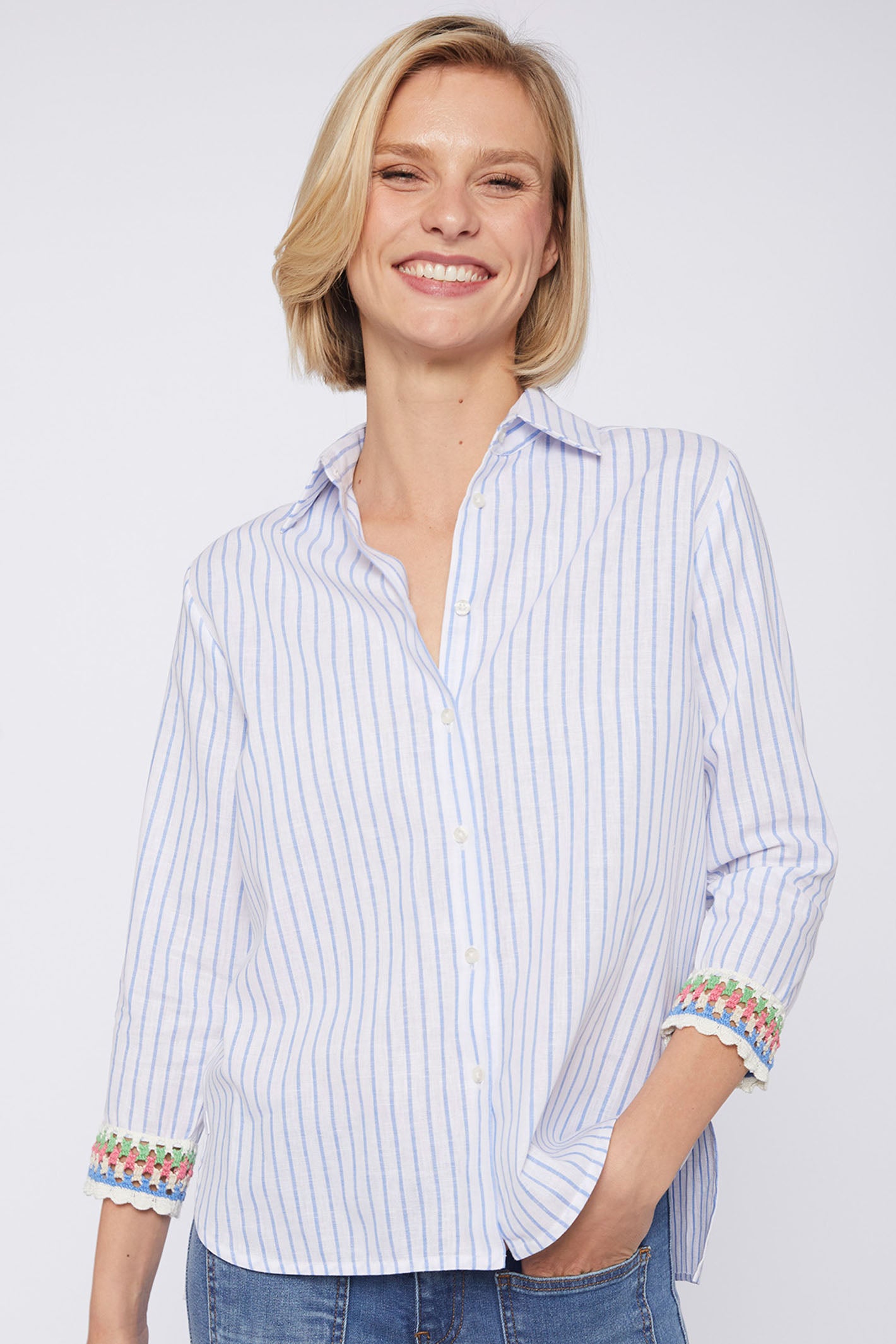 Vilagallo 31072 Sara Blue Stripe Crochet Cuff Shirt – Shirley Allum ...