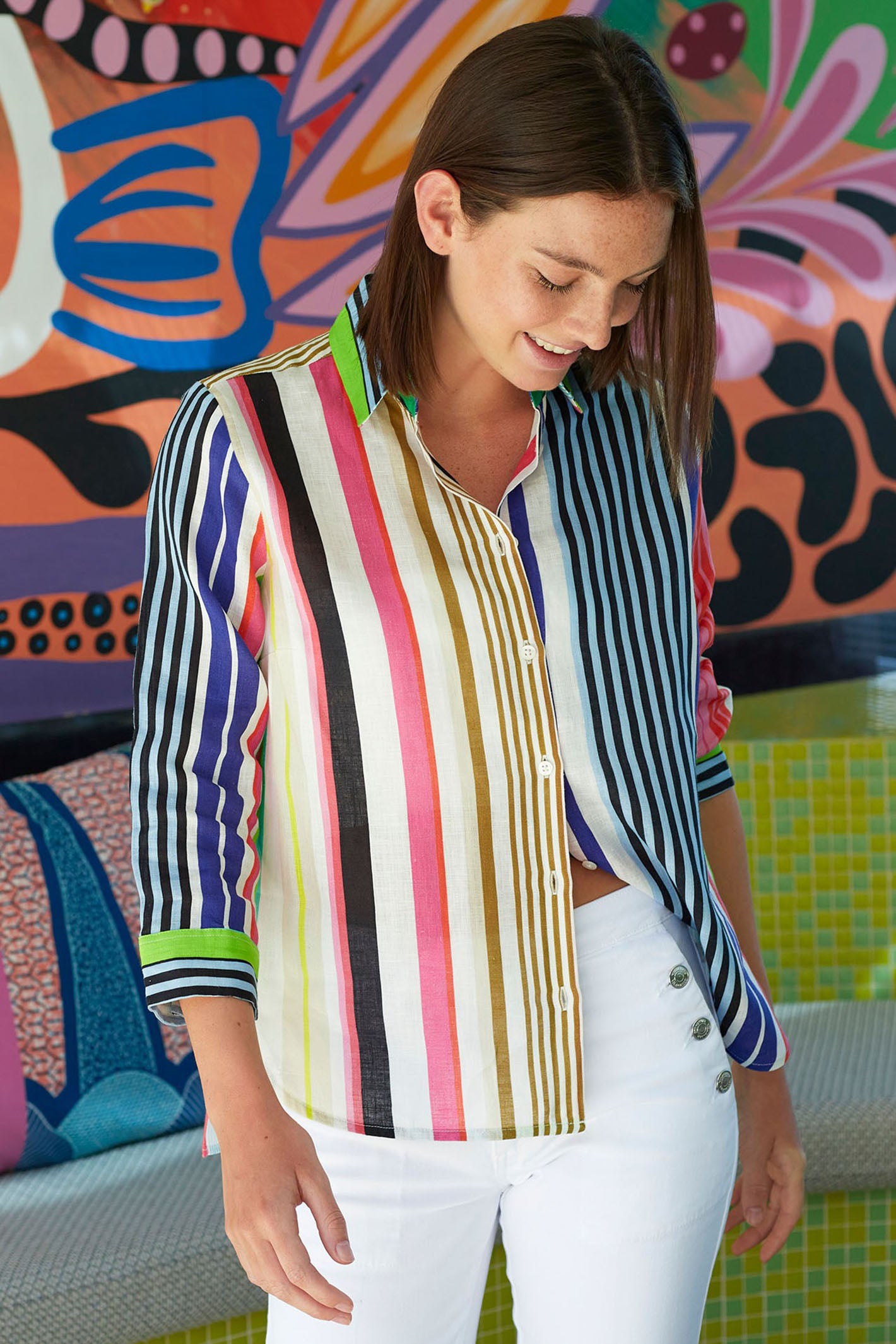 Vilagallo 32028 Sara Blue Multicolour Stripe Pure Linen Shirt – Shirley ...