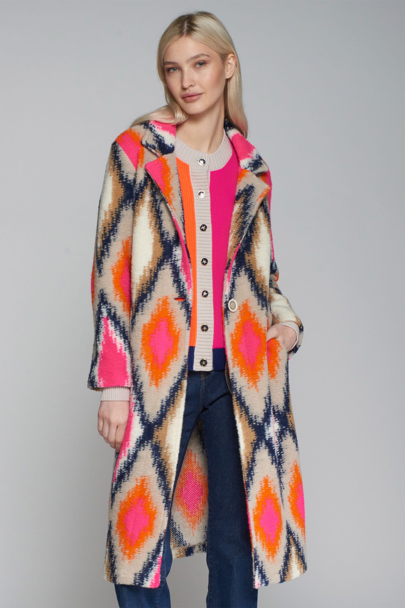 Vilagallo Coat Orange Ikat Pattern 31589 – Shirley Allum Boutique